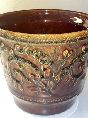 HAEGER Pottery Green Brown Glazed Flower Pot NO. 1 USA Scroll Work ...