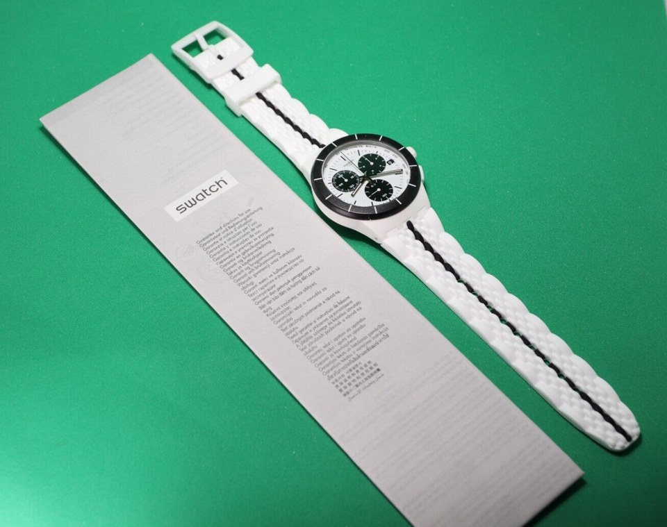 New Swiss Swatch Originals PISTE NOIRE Chrono White Silicone Watch 42mm ...