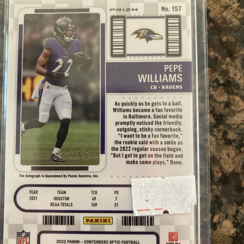 Pepe Williams 2022 Contenders Optic Auto Orange 23/50 Ravens Invest ...
