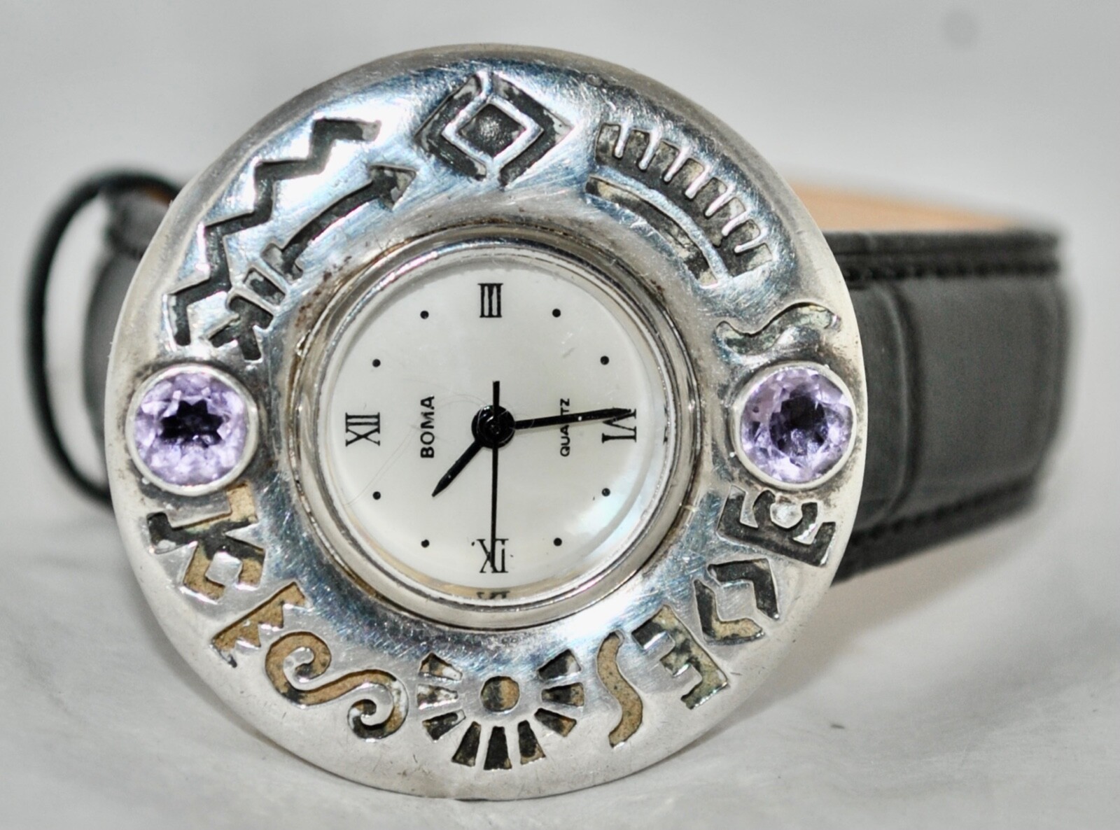 Boma Sterling Silver Amethyst Watch Geometric Watch Case Black Leather ...