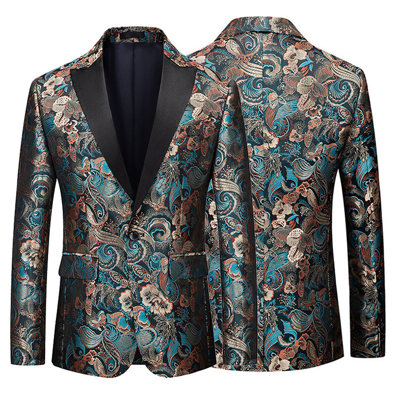 Men Jacquard Suit Blazer Coat Single Breasted Floral Jacket Party Stage ...
