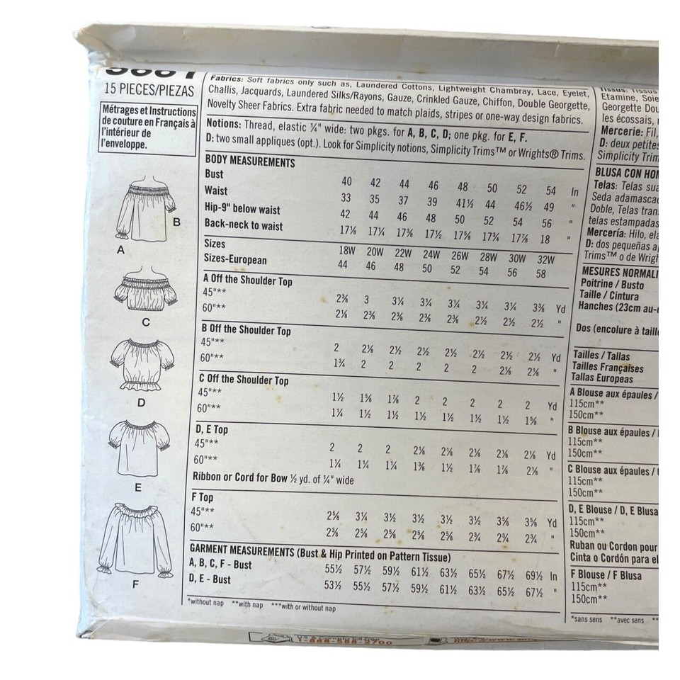 Simplicity Sewing Pattern 5661 Top Off Shoulder Peasant Womens Size 18W ...