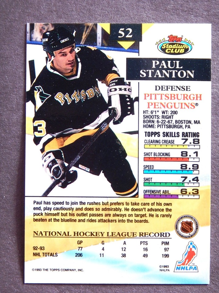 Paul Stanton #52 Topps 1993 Hockey Card (Pittsburgh Penguins) LN | eBay