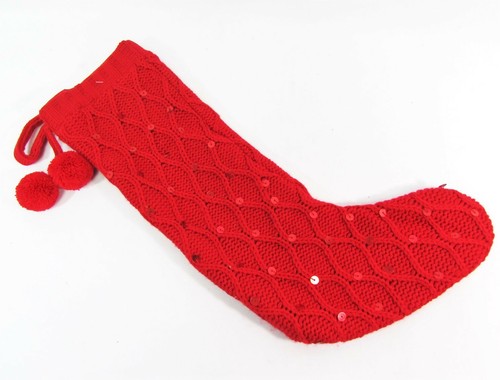 Cable Knit Holiday Stocking Sequin w/pompoms knitted Target 20" Red ...