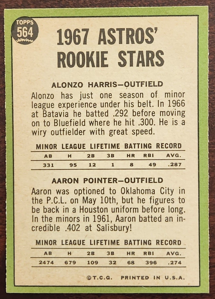 1967 Topps High Number #564 Astros Rookie Stars Alonzo Harris Aaron ...