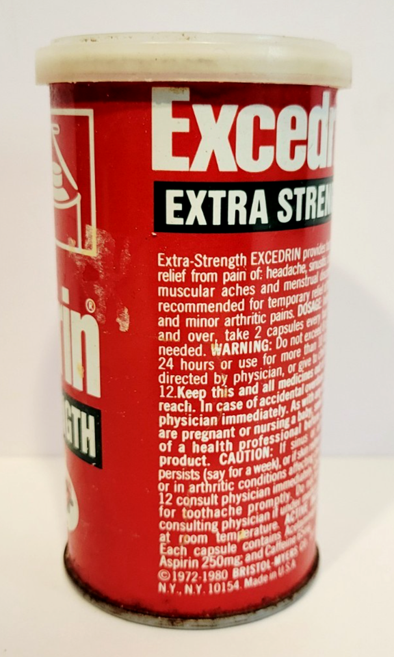 Vintage Excedrin Extra Strength Tin Container w/ Lid 4 1/8 x 2 1/4 ...