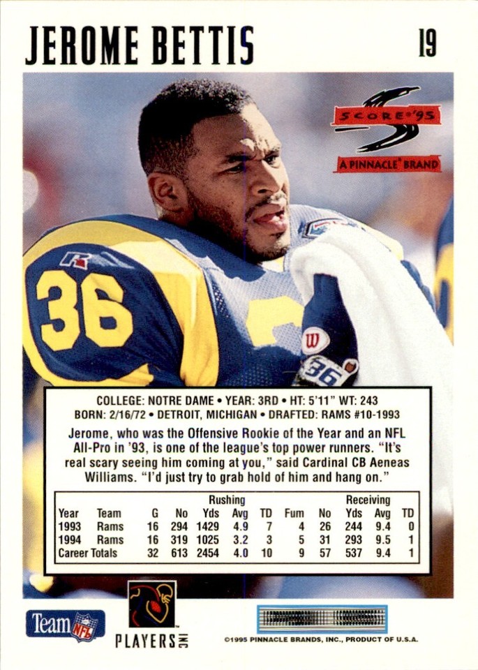 1995 Mint -- Score -- Jerome Bettis St. Louis Rams #19 | eBay