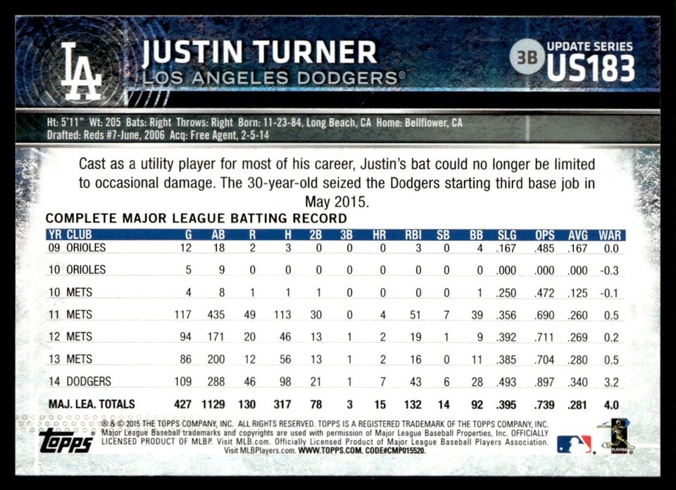 2015 Topps Update Justin Turner Los Angeles Dodgers #US183 | eBay