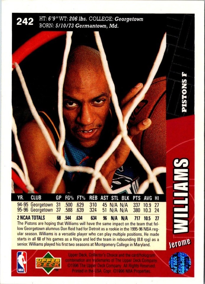 1996 Collector's Choice Jerome Williams #242 Detroit Pistons Basketball ...