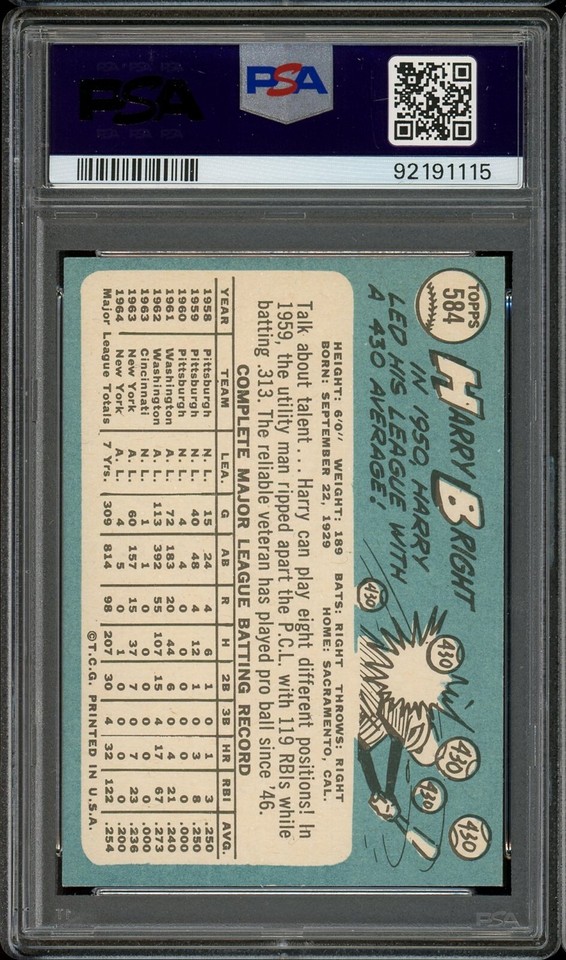 1965 Topps Baseball #584 Harry Bright PSA 8 | eBay