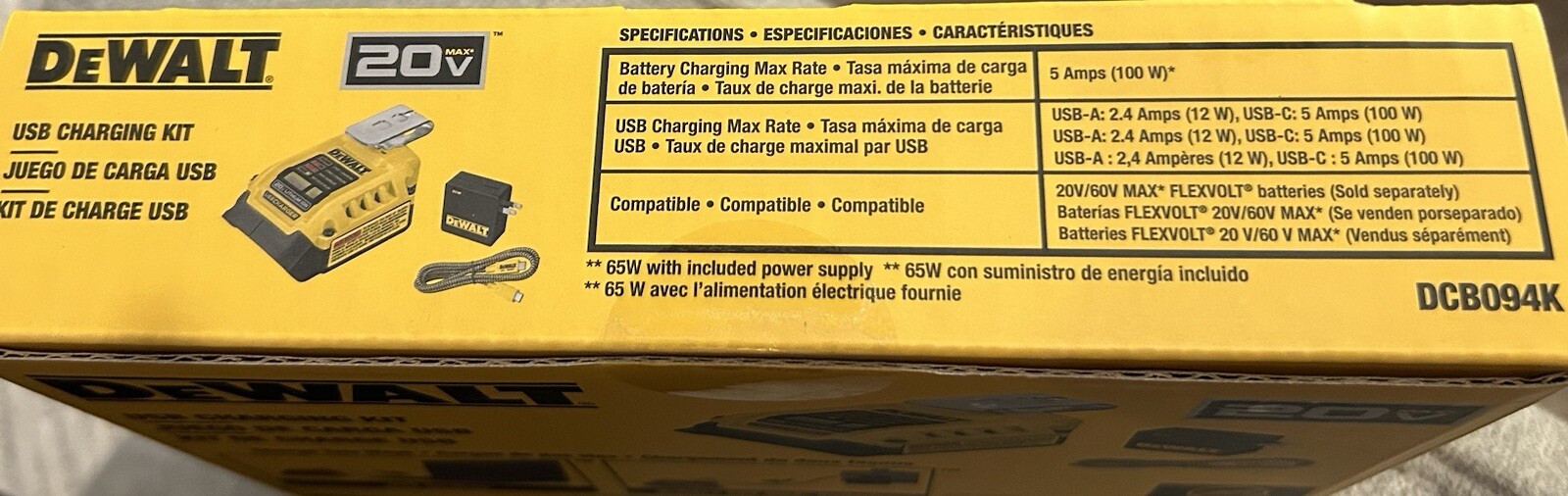 NEW IN BOX! DEWALT Battery Charger and USB Wall Charging Kit DCB094K