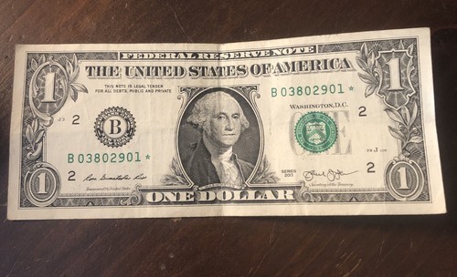 2013 DUPLICATE STAR NOTE B 03802901* 1 Dollar Bill Fancy Serial# Equals ...