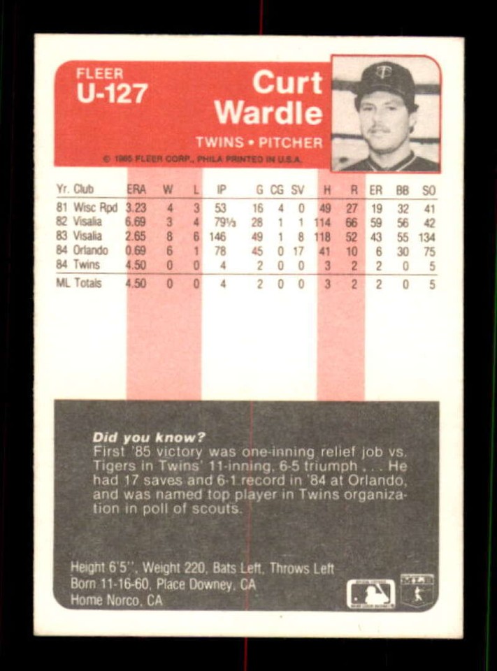 1985 Fleer Update #127 Curt Wardle AUTOGRAPHED!!! Twins 236295 | eBay