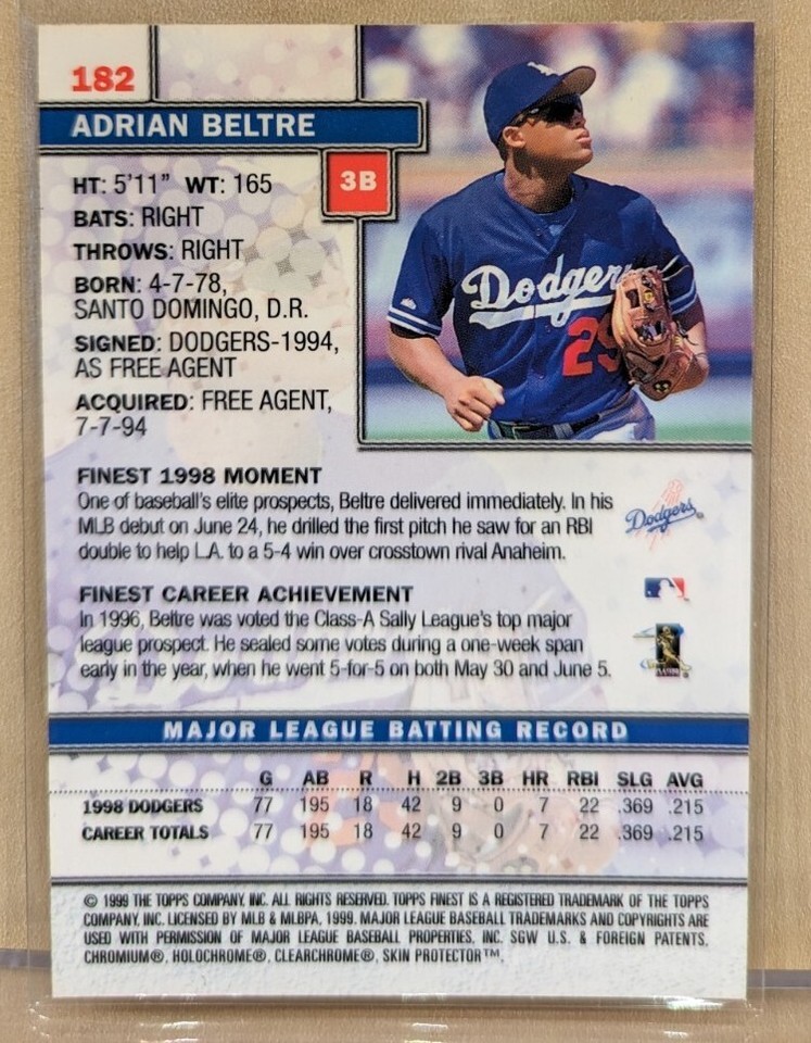 1999 Topps Finest Dodgers Adrian Beltre #182 Rookie Card RC 1st YEAR ...