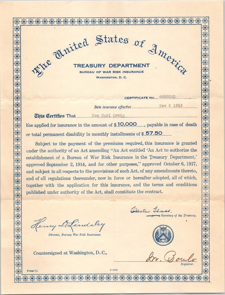 1918 U.S. Treasury Department Bureau War Risk Insurance Documents ...