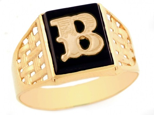 10k or 14k Yellow Gold Bold Black Onyx Mens Basket Weave Initial Letter ...