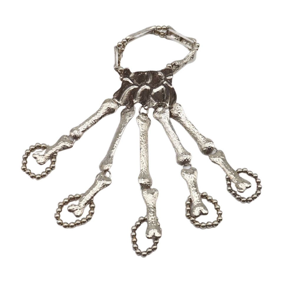 Women Silver Metal Hand Chain Bracelet 5 Long Finger Skeleton Ring Fun ...