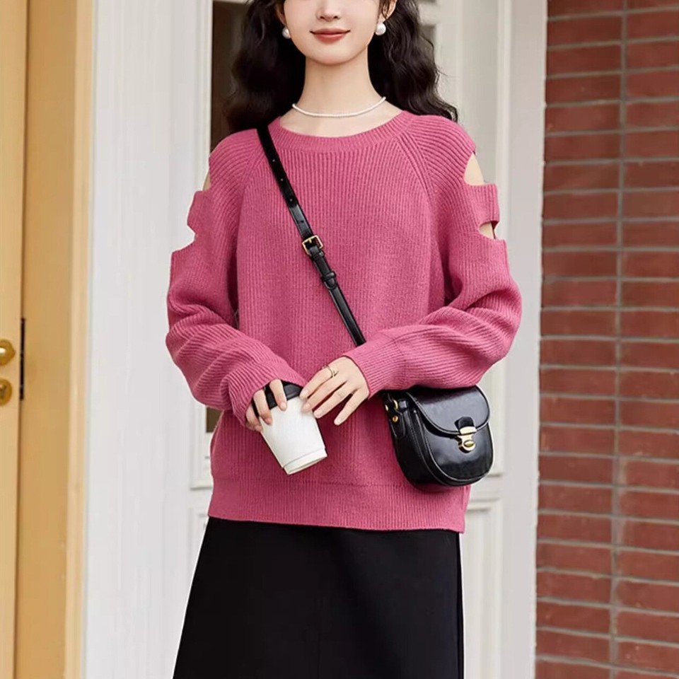 Women Cut Out Arm Sweater Knitted Pullover Top Round Neck Long Sleeve ...
