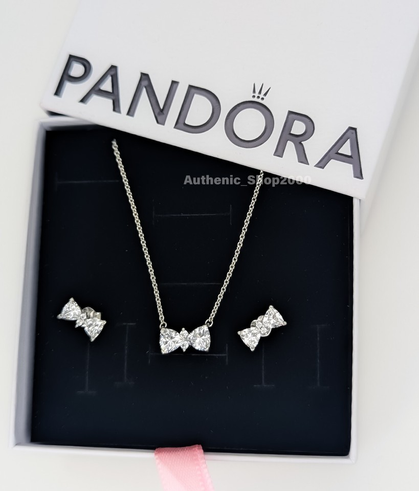 100% Authentic PANDORA 925 Sparkling Bow Stud Earrings Necklace Gift ...