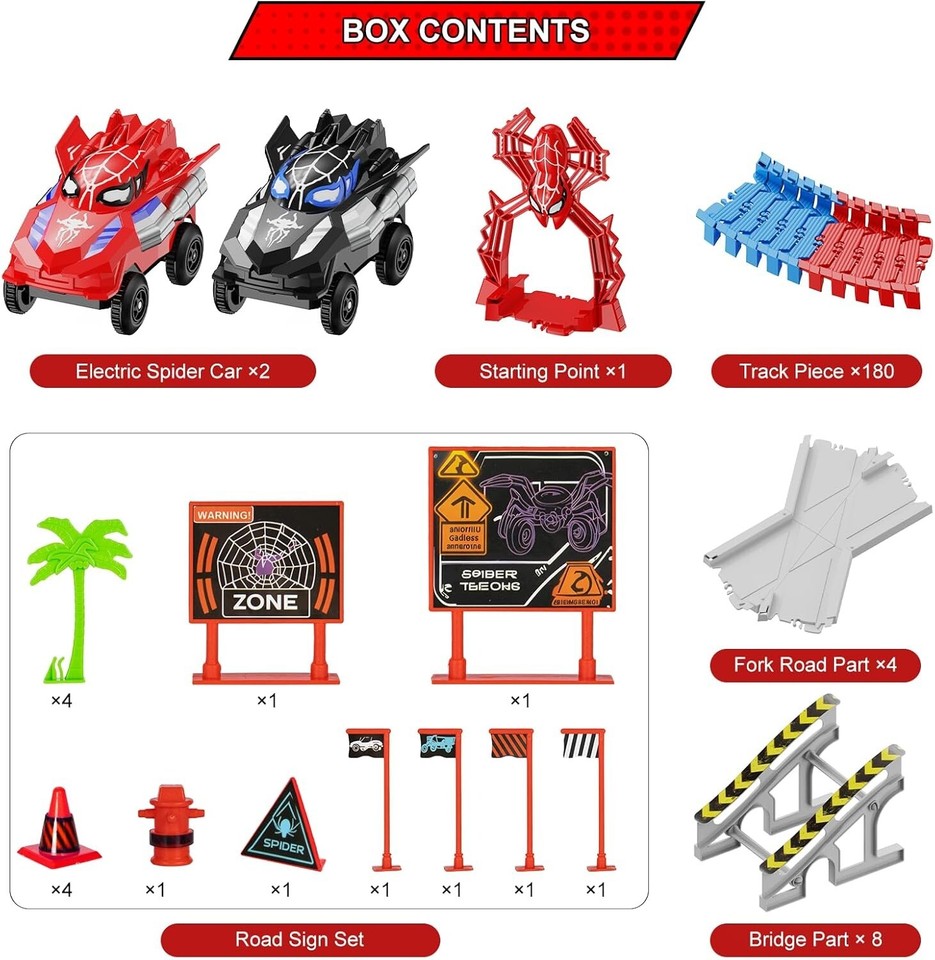 Spider Race Car Track Set – 2 Cars, DIY Flexible Tracks, STEM Toy Gift ...