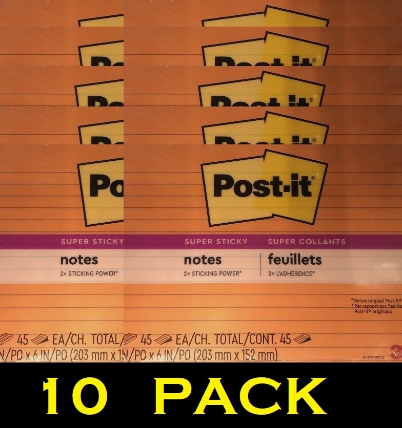 10x 3M Post-it Notes 8x6 in - 1 Pad - 45 Sheets - Lined - Orange ...