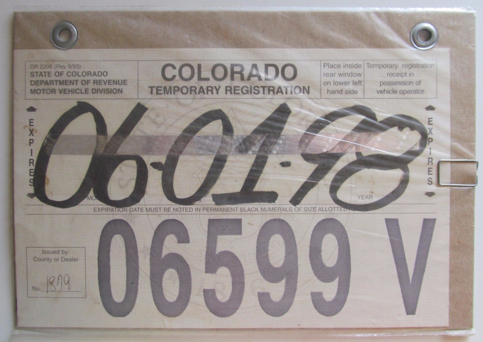 Colorado 1998 TEMPORARY REGISTRATION License Plate # 06599 V | eBay