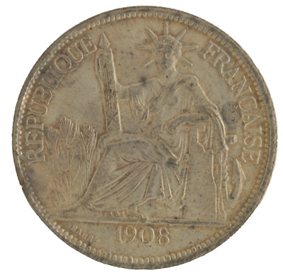 1908 French Republic Indo-China One Piastre .900 Fine Silver Coin KM ...