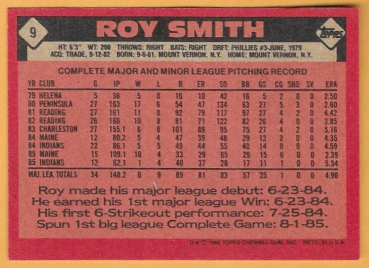 ROY SMITH CLEVELAND INDIANS #9 - TOPPS NM-MT 1986 | eBay