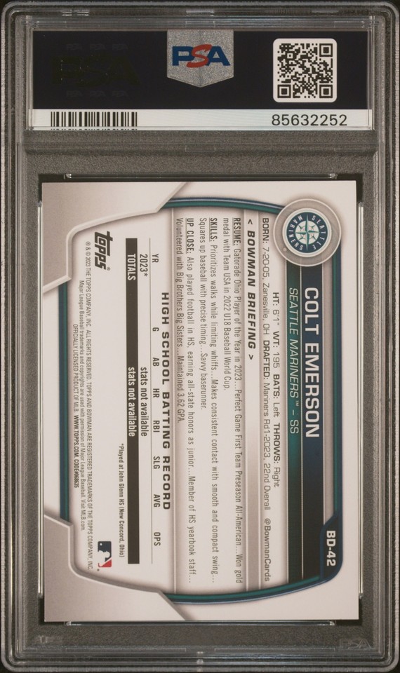PSA 10 COLT EMERSON 1st 2023 Bowman Draft Paper MARINERS Rookie Card RC ...