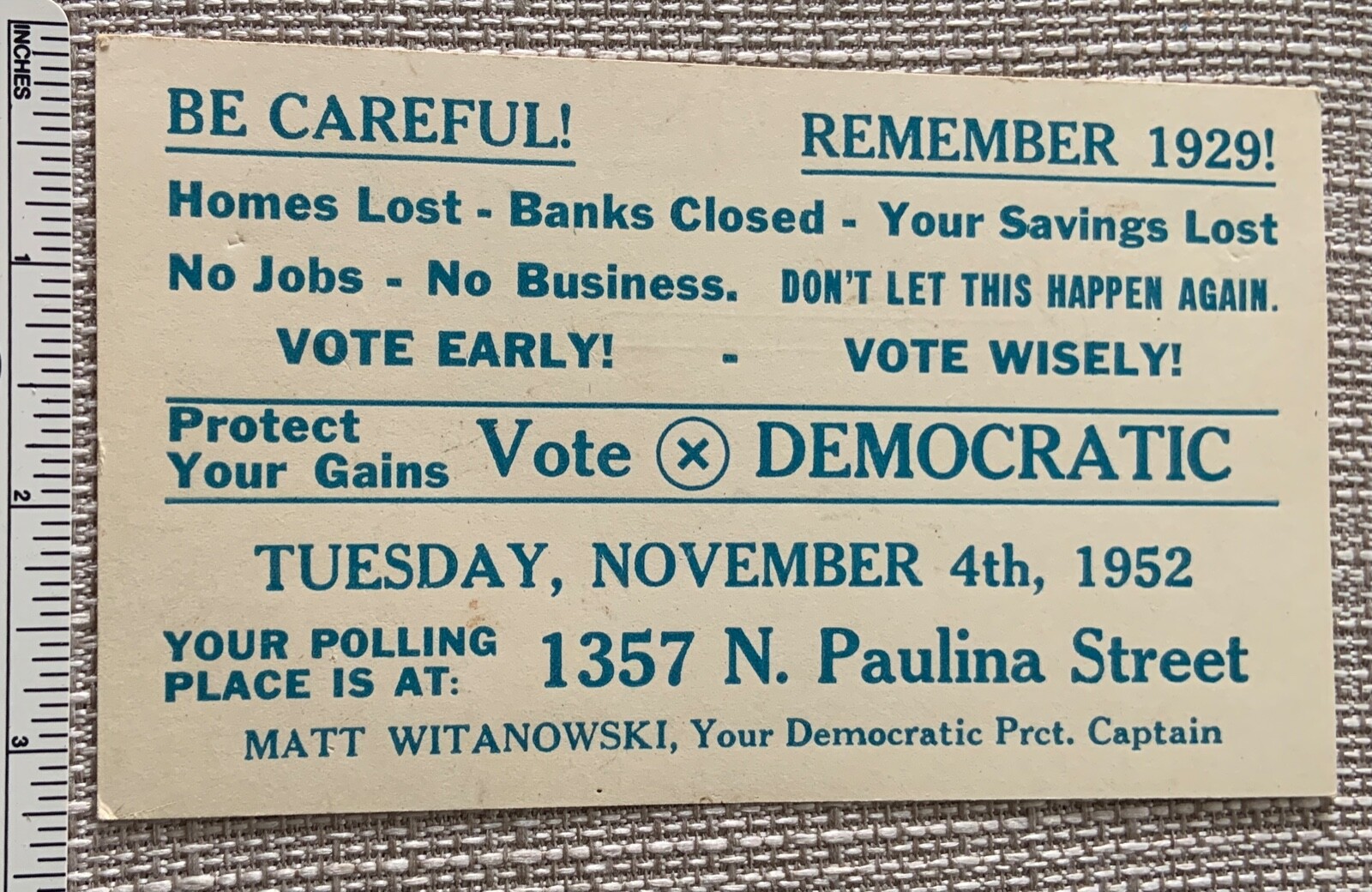 VTG Nov. 4th 1952 VOTE DEMOCRATIC Promotional POSTCARD Remember 1929 ...