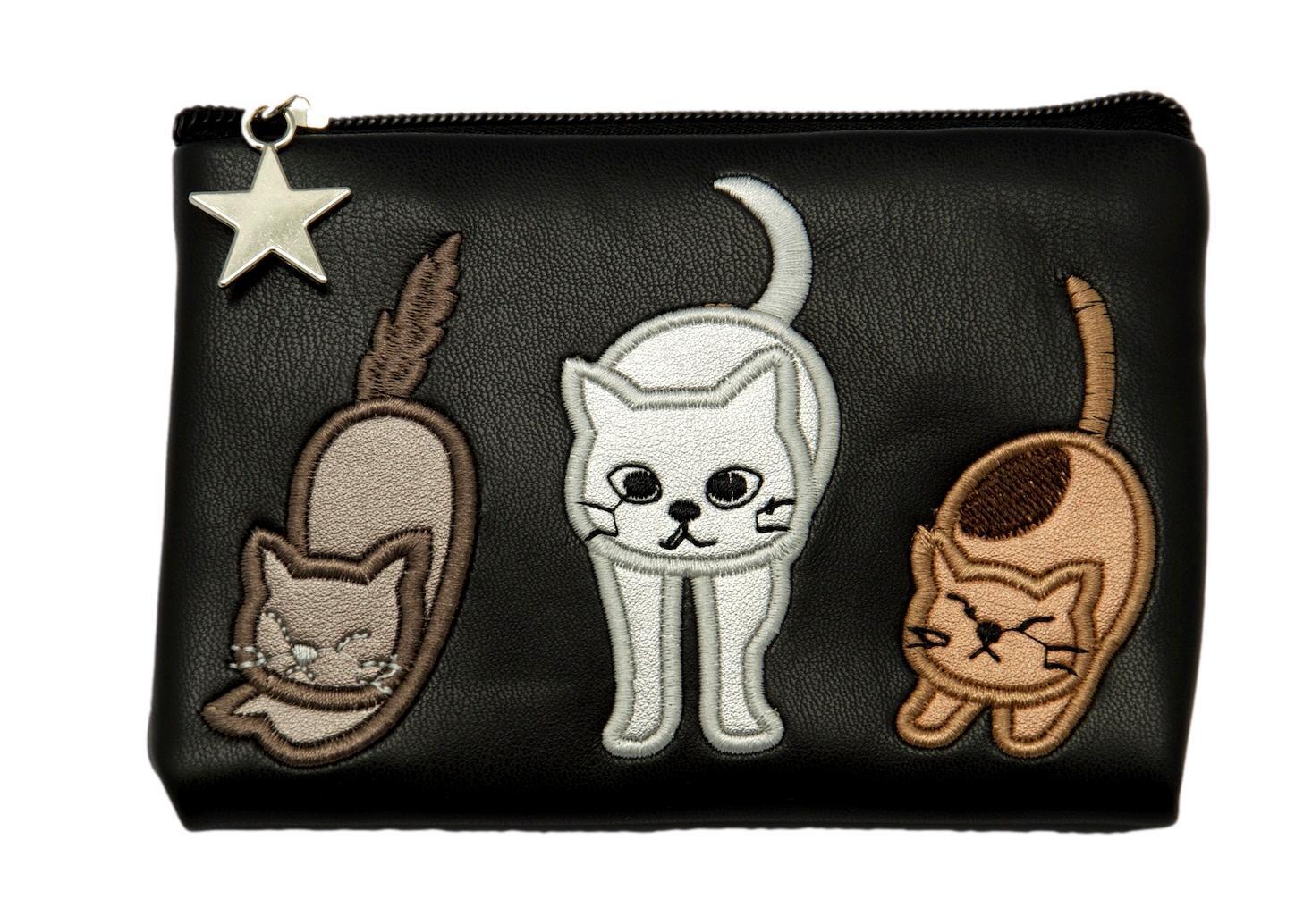 FAUX Leather Embroidered Applique Cats Ladies Coin Purse Black Cream ...