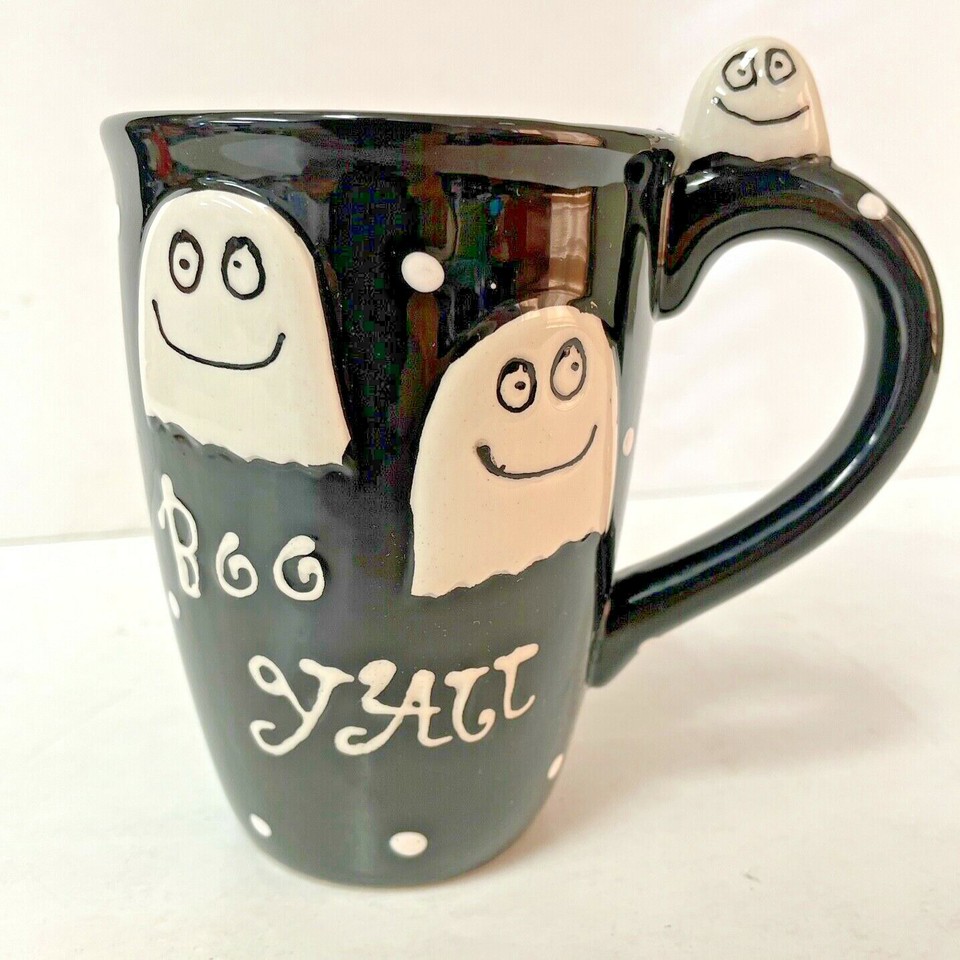 Halloween Coffee Mug Boo Yall Smiley White Ghosts Black 14 Ounce Fun ...