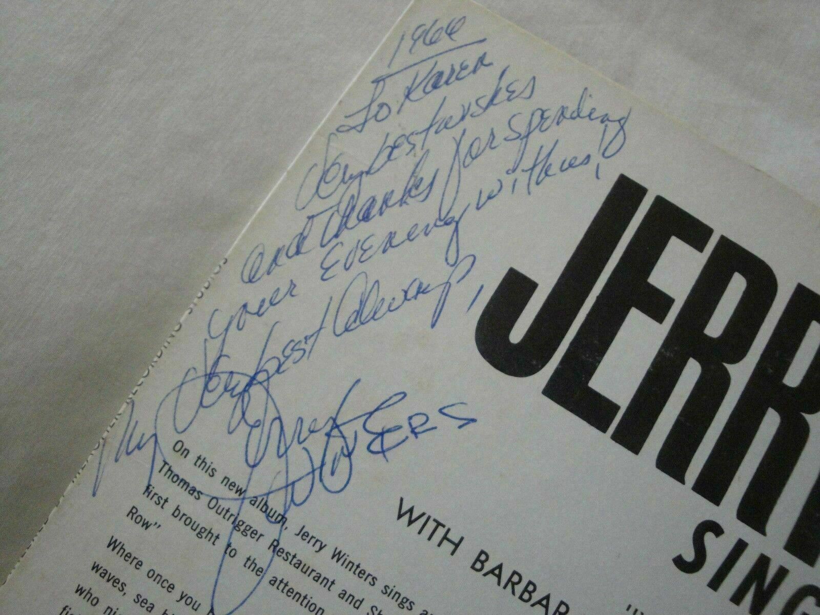 JERRY WINTERS Captures Cannery Row Autographed By Singer Vinyl LP MARK ...