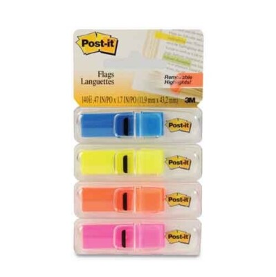 Post-It Page Flags 140/ 4-Assorted Brite Colors .47"X1.7" Office School ...