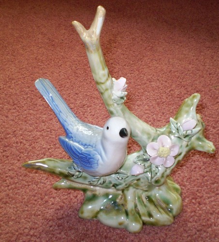 VINTAGE APULUM PORCELAIN GLAZED POTTERY BLUE BIRD PERCHED ON BRANCH ...