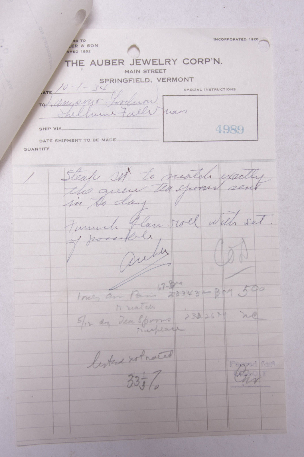 1934 Lamson Goodnow Auber Jewelry Corp Springfield VT Carver Tea ...