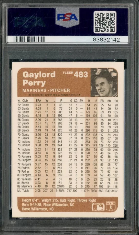 PSA 7 Gaylord Perry 1983 Fleer #483 HOF Seattle Mariners MLB Baseball ...