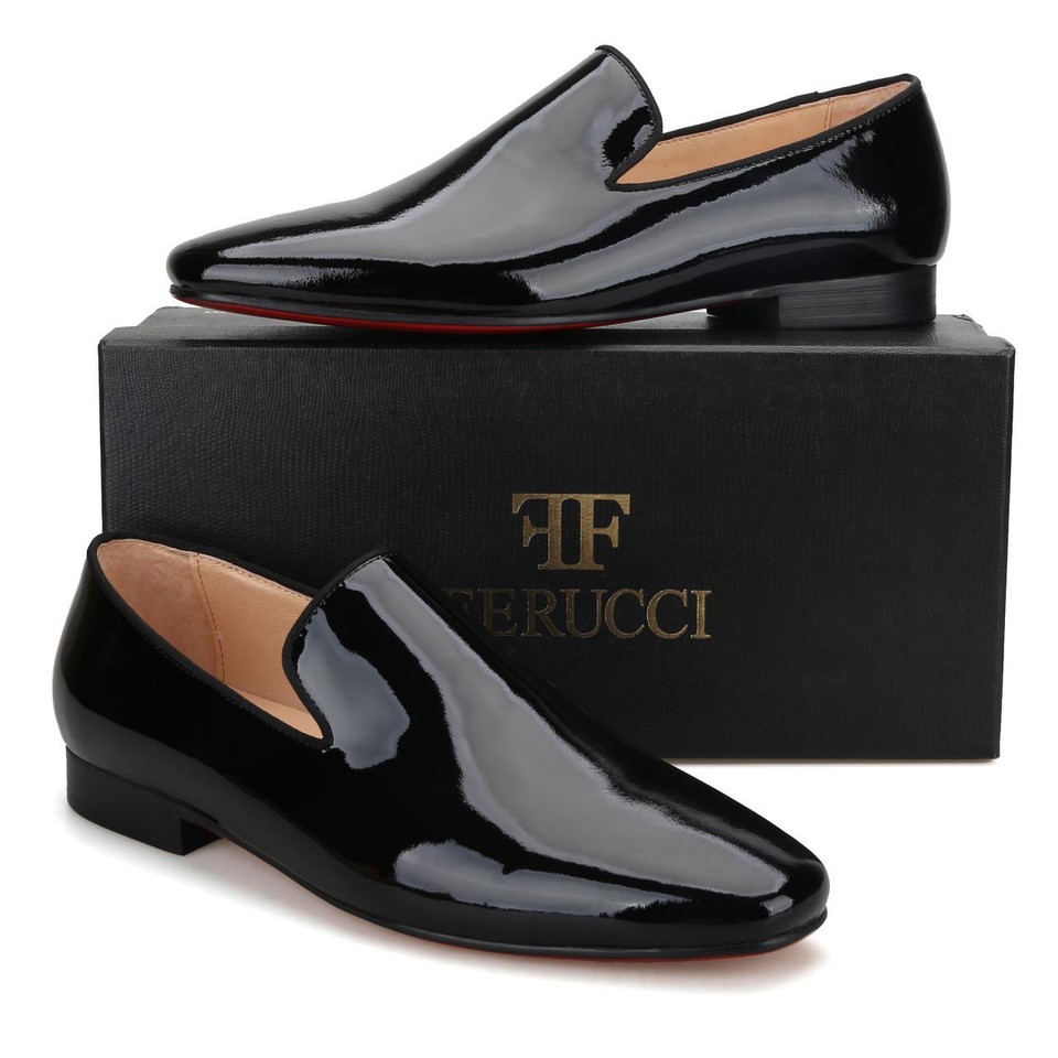 FERUCCI Plain Black Patent Leather Slippers loafers Wedding Prom Shoes ...
