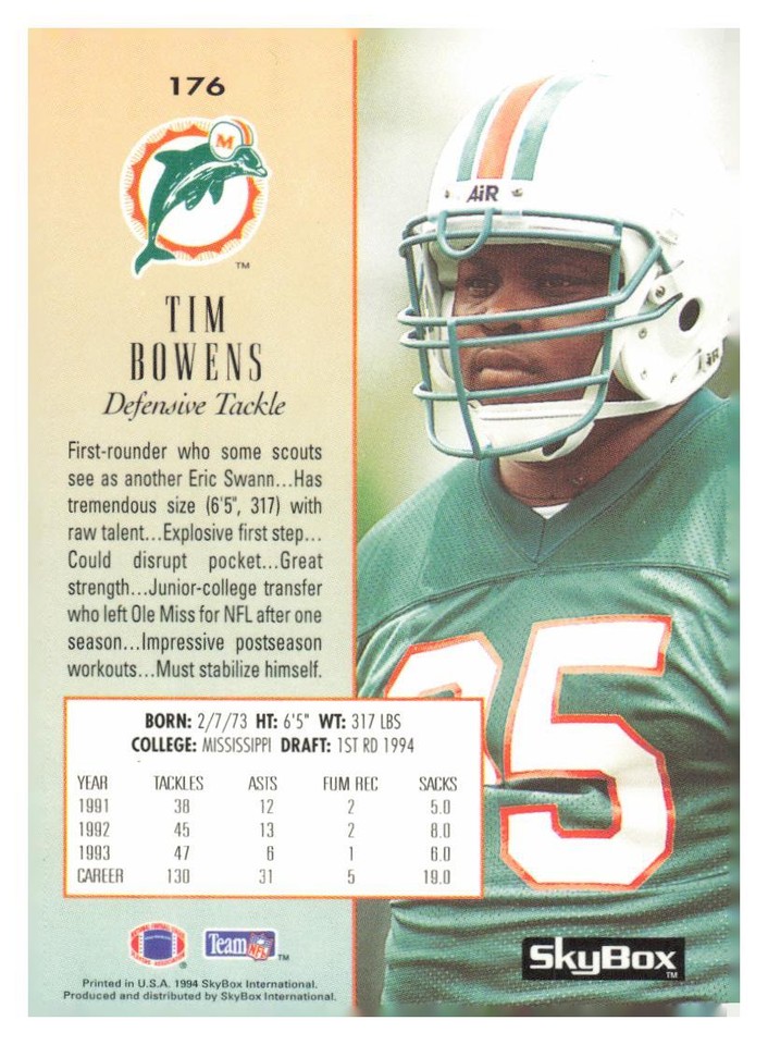 1994 SkyBox Premium #176 Tim Bowens RC | eBay