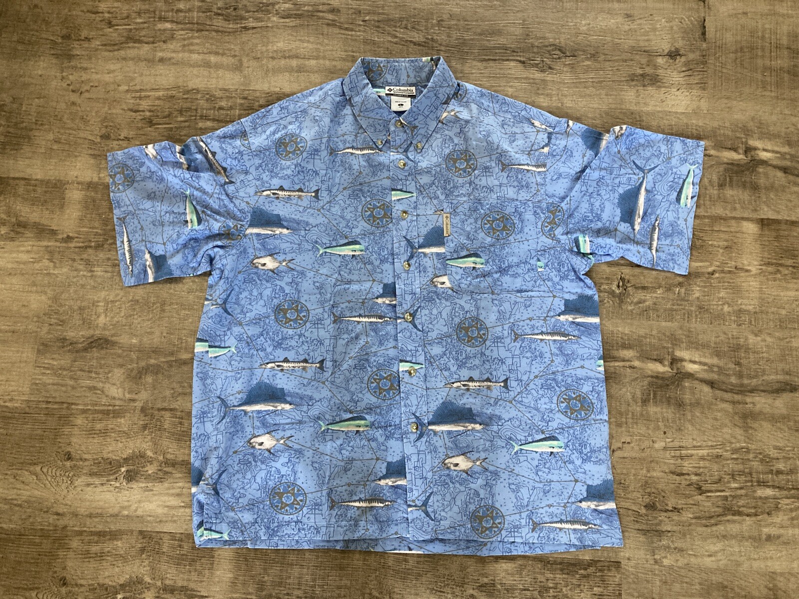 Mens Columbia Nautical Chart Fish Button Front Shirt … - Gem