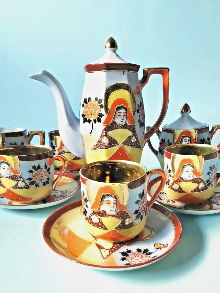 VINTAGE JAPANESE SATSUMA SAMURAI HAND PAINTED PORCELAIN 11 PIECES TEA ...