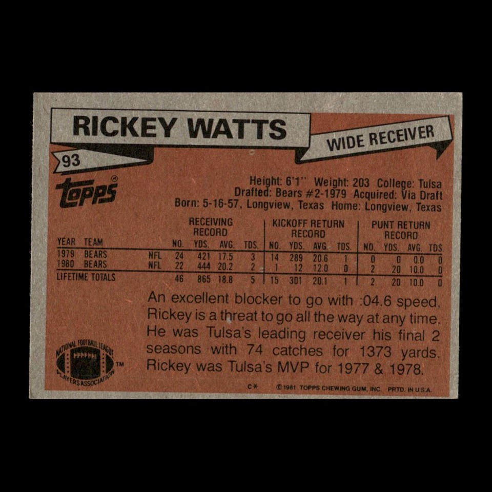 Rickey Watts 1981 Topps Rookie Chicago Bears #93 Vintage Football! | eBay