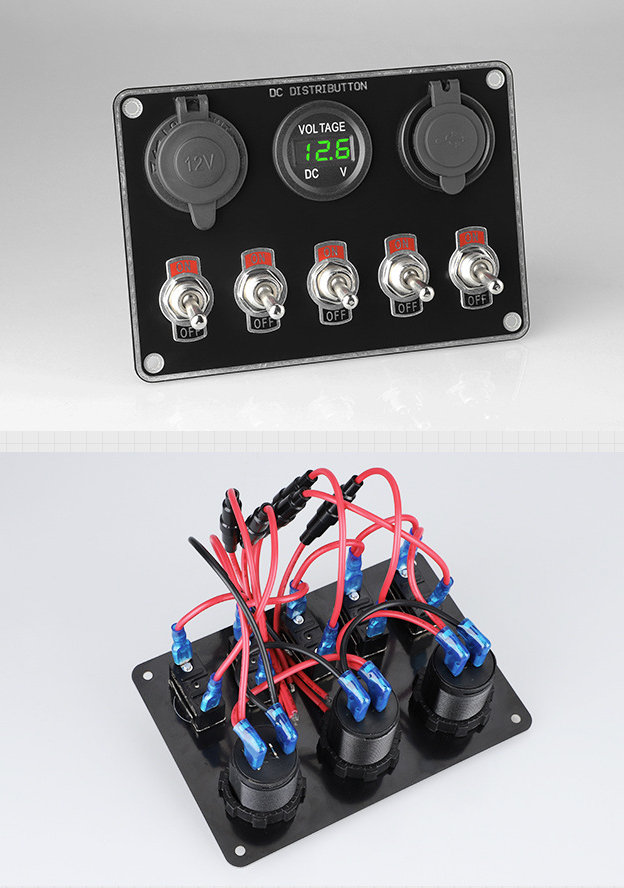 12V Rocker Ignition Switch Panel 5 Gang Voltmeter Dual USB Racing Car ...