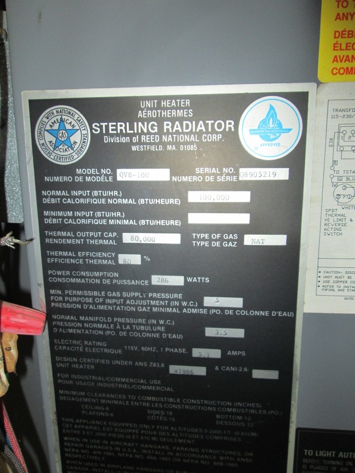 Sterling Radiator Model QVB-100 100k Btu/Hr Natural Gas Fired Heater ...