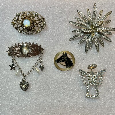 5 Vintage Assorted Brooches Lot Rhinestone, Moonstone, Enamel & Dangle designs | eBay