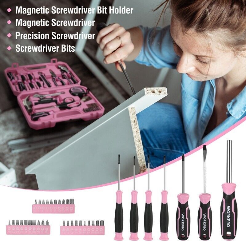 WORKPRO Pink Tools Set 52PCS Household Tool Kit with Storage Toolbox ...