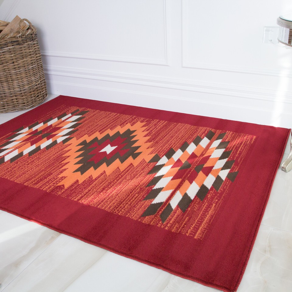 Milan Red Floor Rug Terracotta Brown & Off White Tribal Aztec Bohemian ...