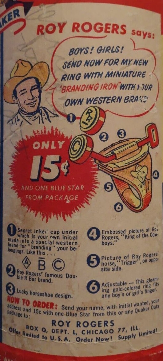 Rare 1948 Roy Rogers Branding Iron Ring Quaker Oats Mail In Premium ...