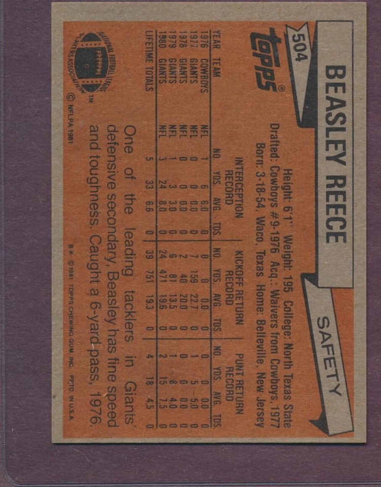1981 Topps Beasley Reece #504 New York Giants MINT DEAD CENTERED | eBay