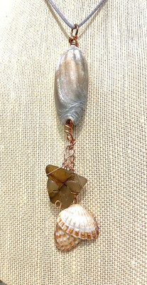Genuine Sea Glass Wire Wrapped & 3 Shells Xtra Long Pendant Silky Gray ...